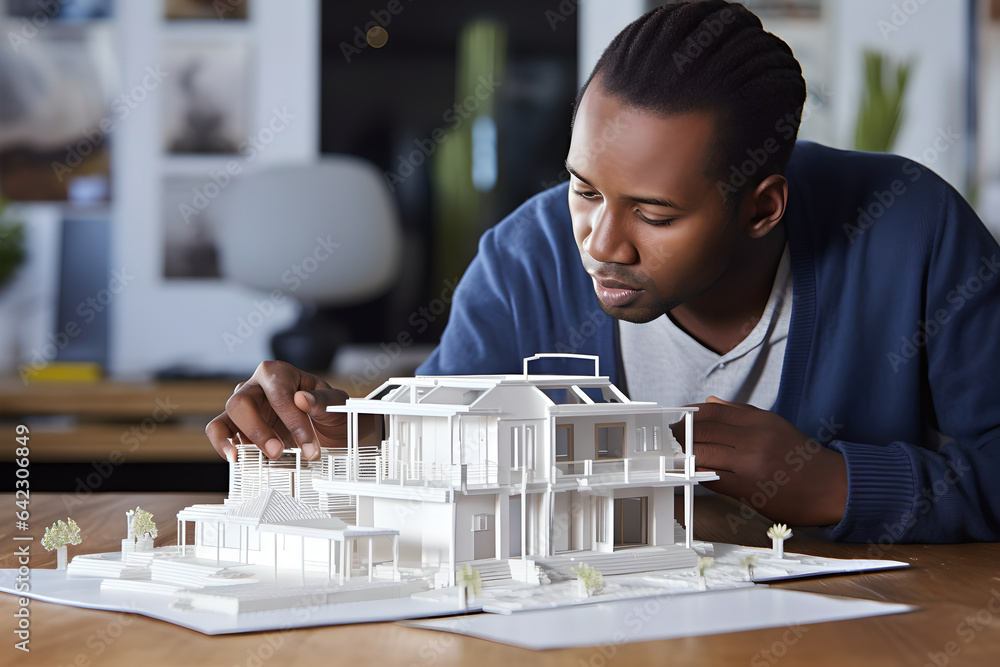 Professional male architect looking at a 3D printed model of a real ...
