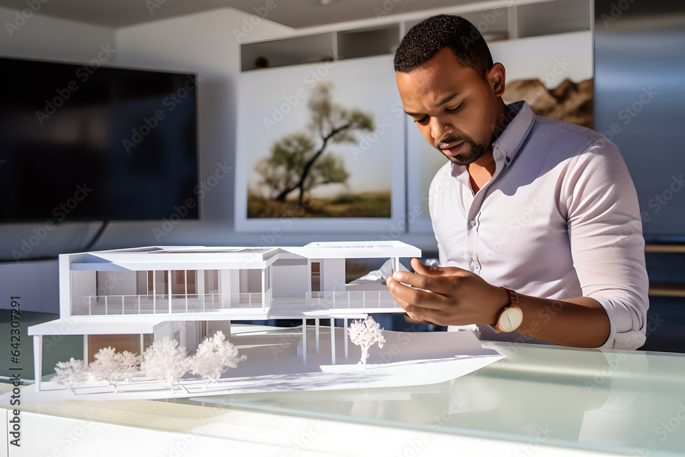 Professional male architect looking at a 3D printed model of a real ...