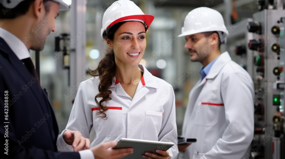 Woman factory production manager wearing a white and red safety helmet ...