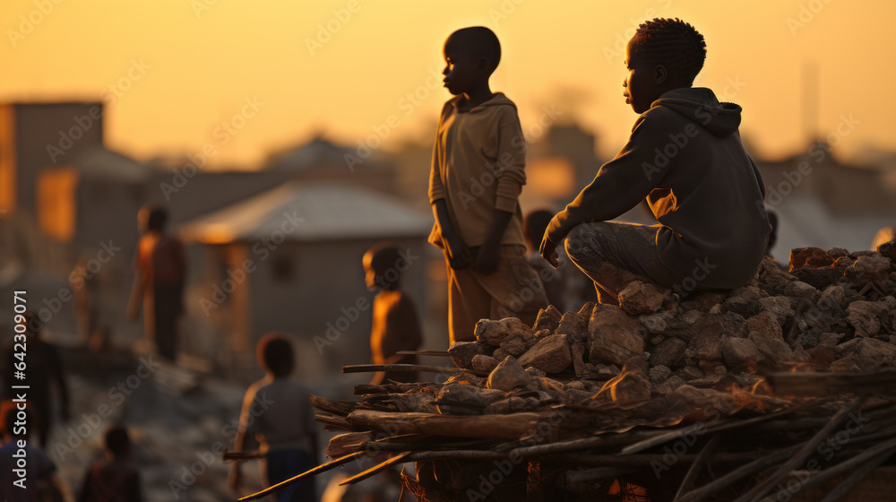 Poster, Foto Poor black african kids on a slum roof top , children ...