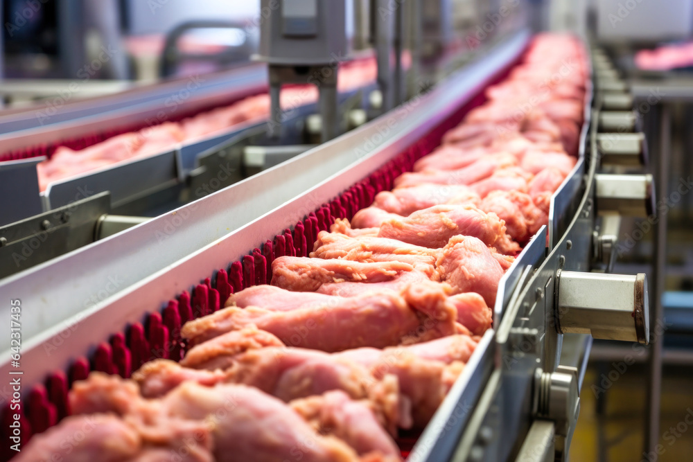 meat processing plant, processing of chicken meat, pieces of chi Stock ...