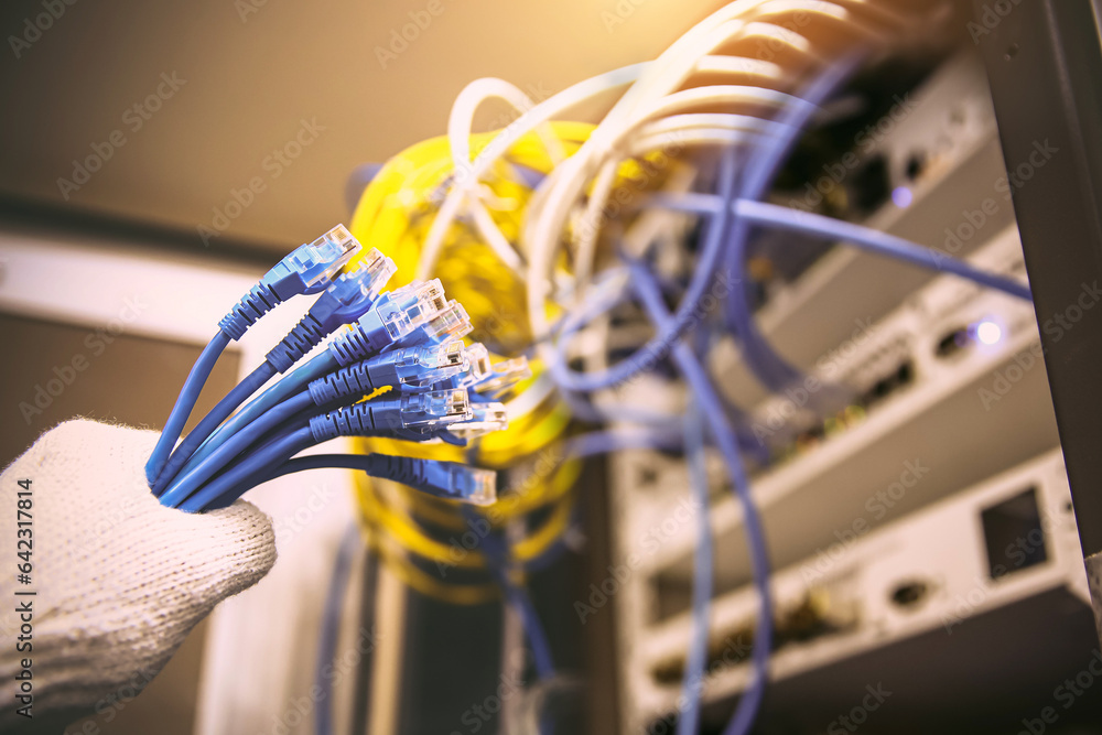 Close-up lots of RJ45 UTP Cat6 LAN internet network cable fiber optic ...