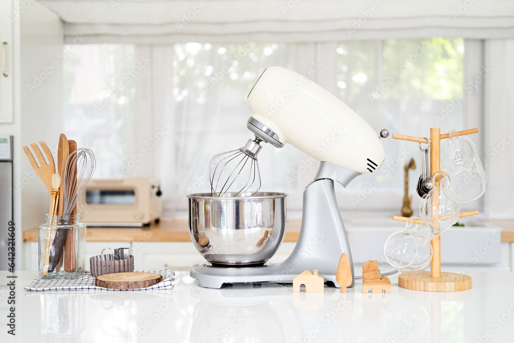 Kitchen background mockup with teepot and cooking, wooden baking ...