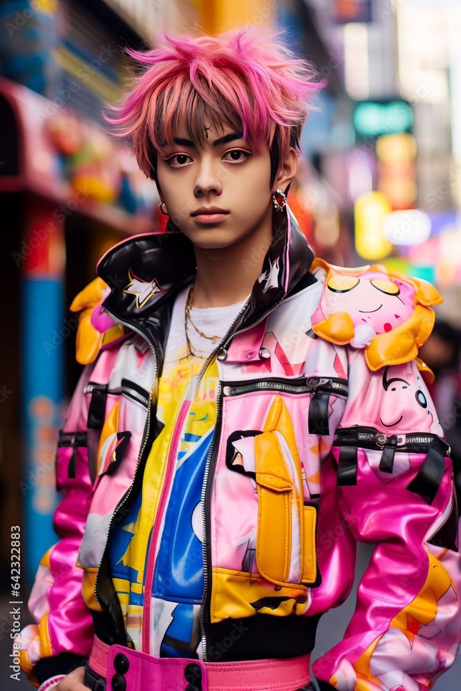 Boy or man dressed as anime character or Harajuku, pose at a cosplay ...
