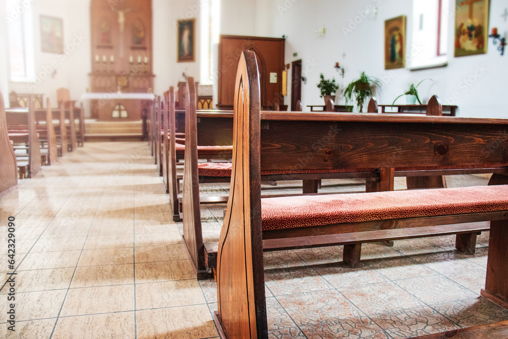 benches in the church, prayer in a Christian church, Row of church ...