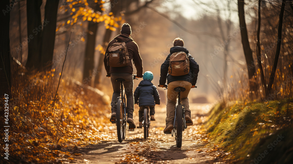 Family cycling trips in autumn, walks along paths in the forest, Hiking ...