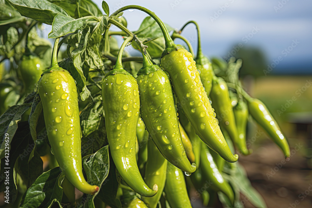 Greeb chili pepper grows on green branch, plantation of vegetables ...