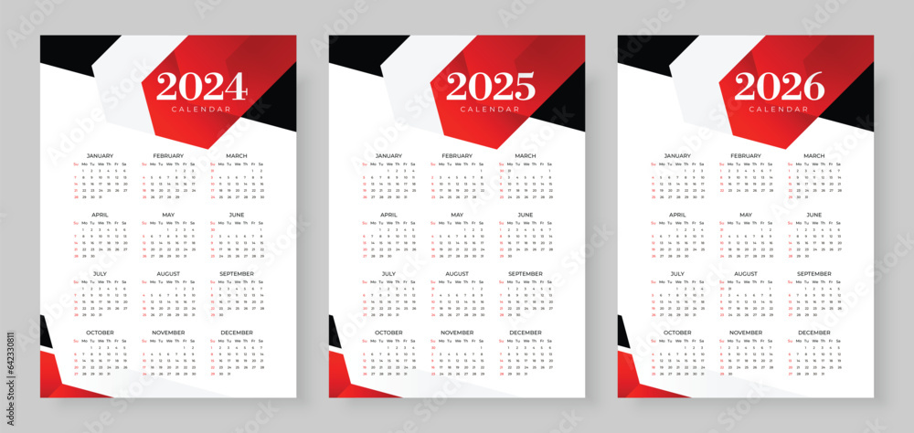 2024, 2025 and 2026 calendar set, Week start Sunday, Simple vertical ...
