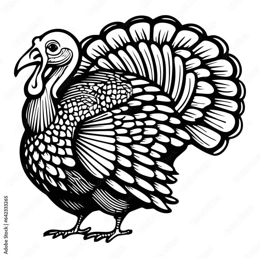 Turkey hand drawn illustration in engraving or woodcut style. Gobbler ...