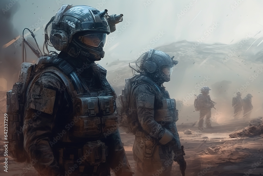 Futuristic soldiers on a military operation. Digital painting ...
