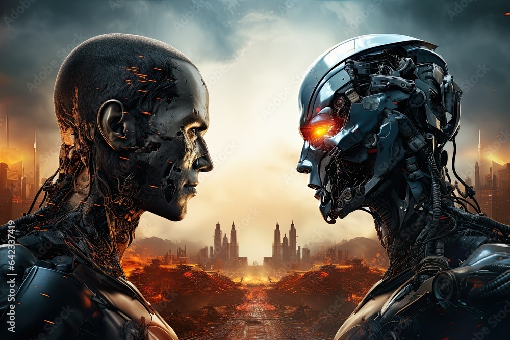 The face of humanoid robot with ai and a high-tech robot opposite each other look into the eyes ...