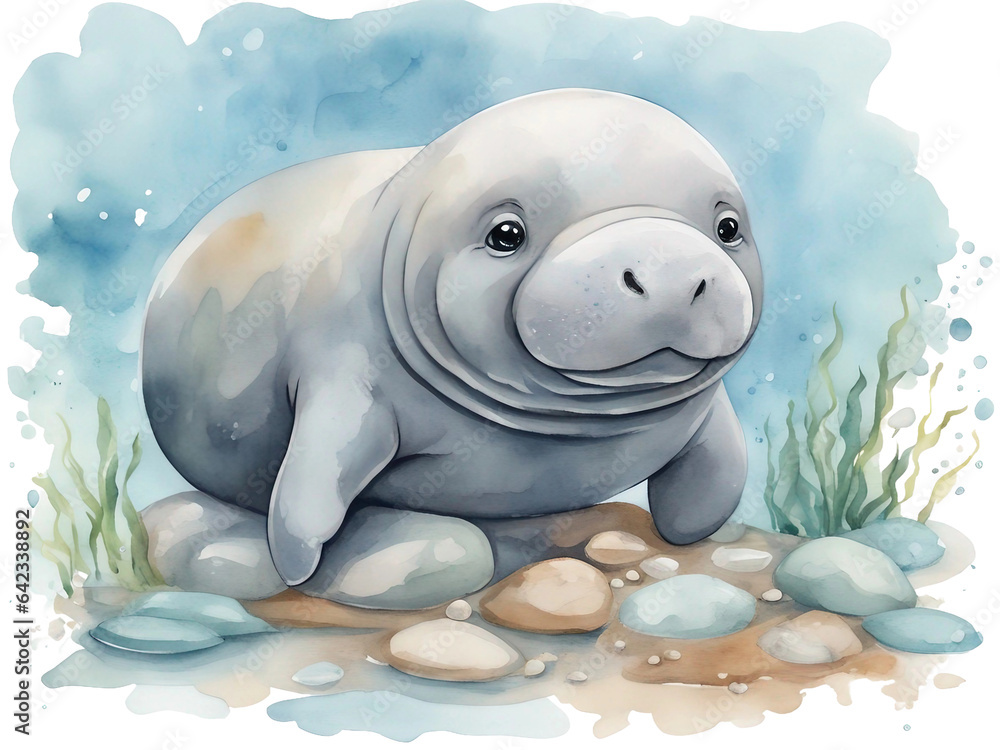Cute cartoon baby manatee. Watercolor illustration. PNG Stock ...