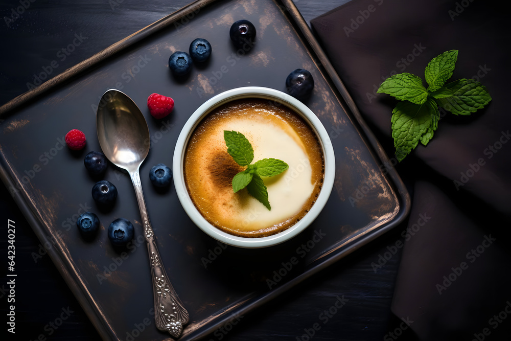 Silky pot de creme, French dessert served in a ramekin, top down Stock ...