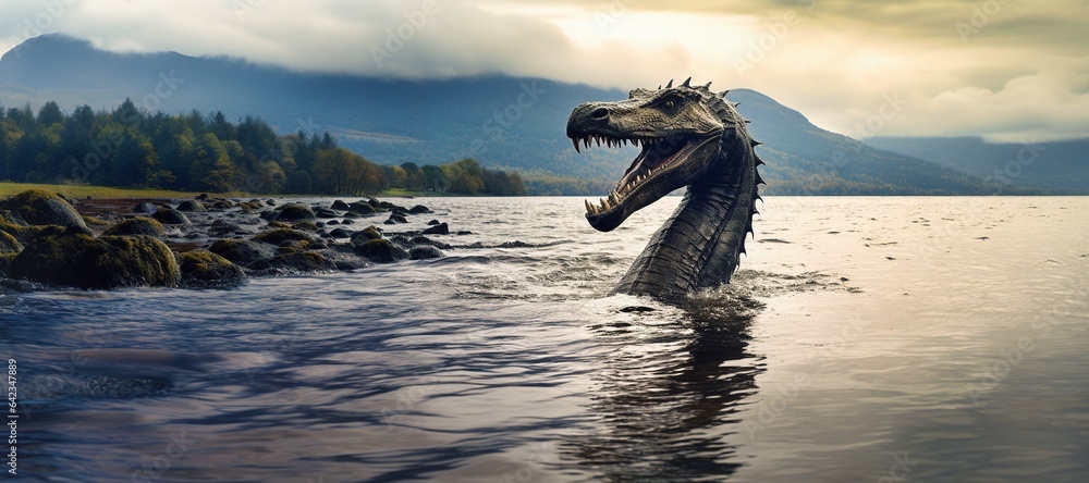 Wide panoramic shot of the Loch Ness monster (also known as Nessie ...