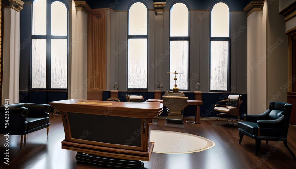 interior of a court room, modern courtroom interior that emphasizes the ...