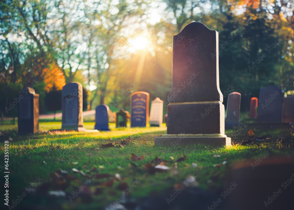Sunset bathes a graveyard in a warm, golden glow, illuminating tombstones and creating a serene ...