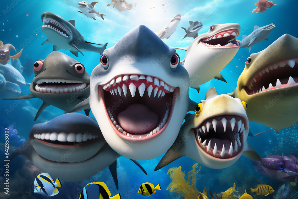 wefie various sea animal with smile and happy face, fishes, crocodile ...