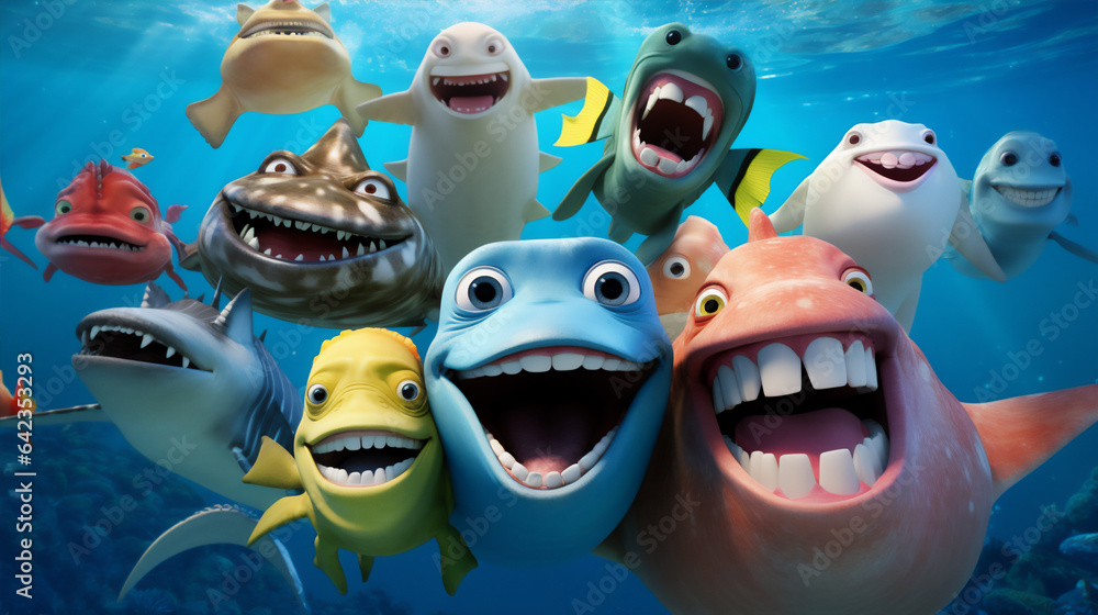 wefie various sea animal with smile and happy face, fishes, crocodile ...