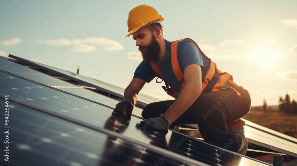 Solar power engineer installing solar panels, on the roof, electrical ...