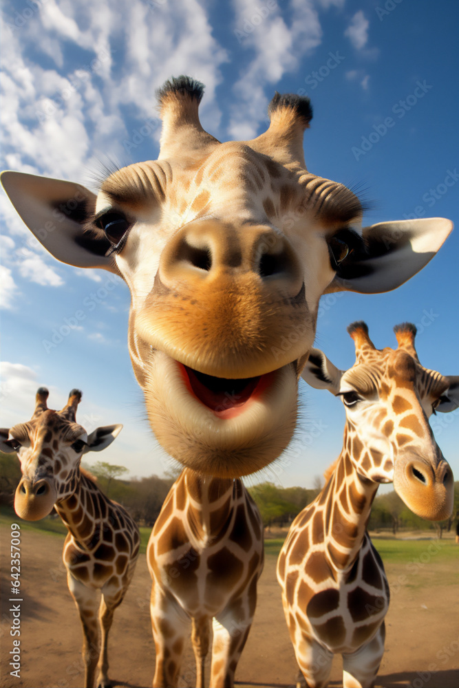 wefie a group of wild giraffes with smile and happy face, hyper ...