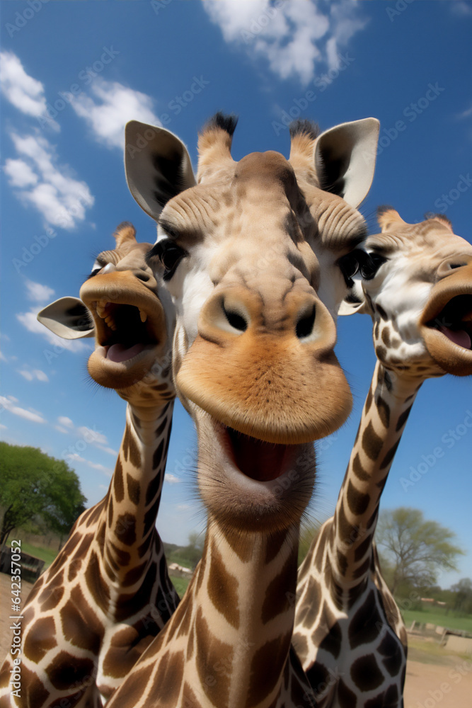wefie a group of wild giraffes with smile and happy face, hyper ...