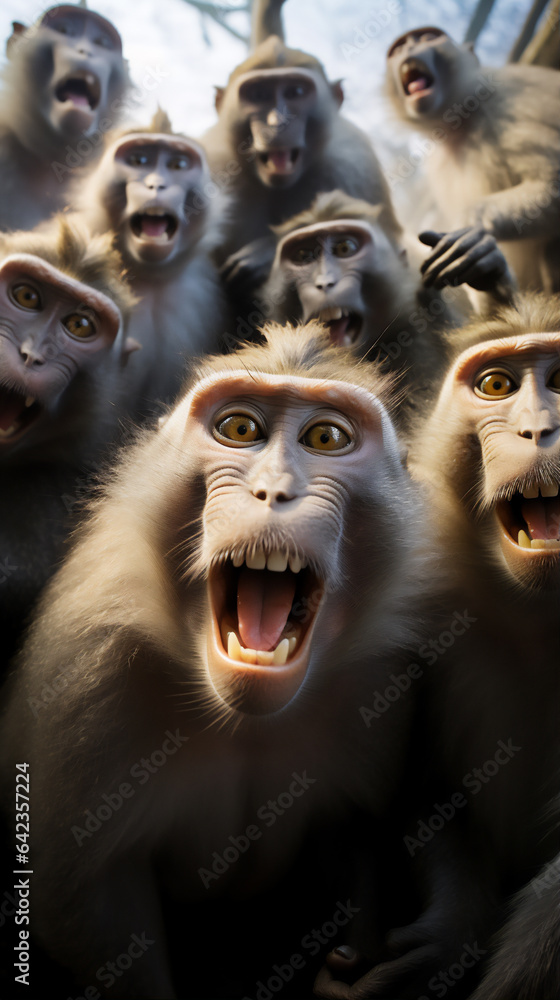 wefie a group of wild monkeys with smile and happy face, crowded, hyper ...