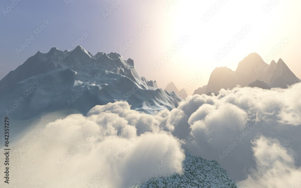 Snowy peaks over a sea of clouds, the rays of the sun in the mountains above the clouds, 3d ...