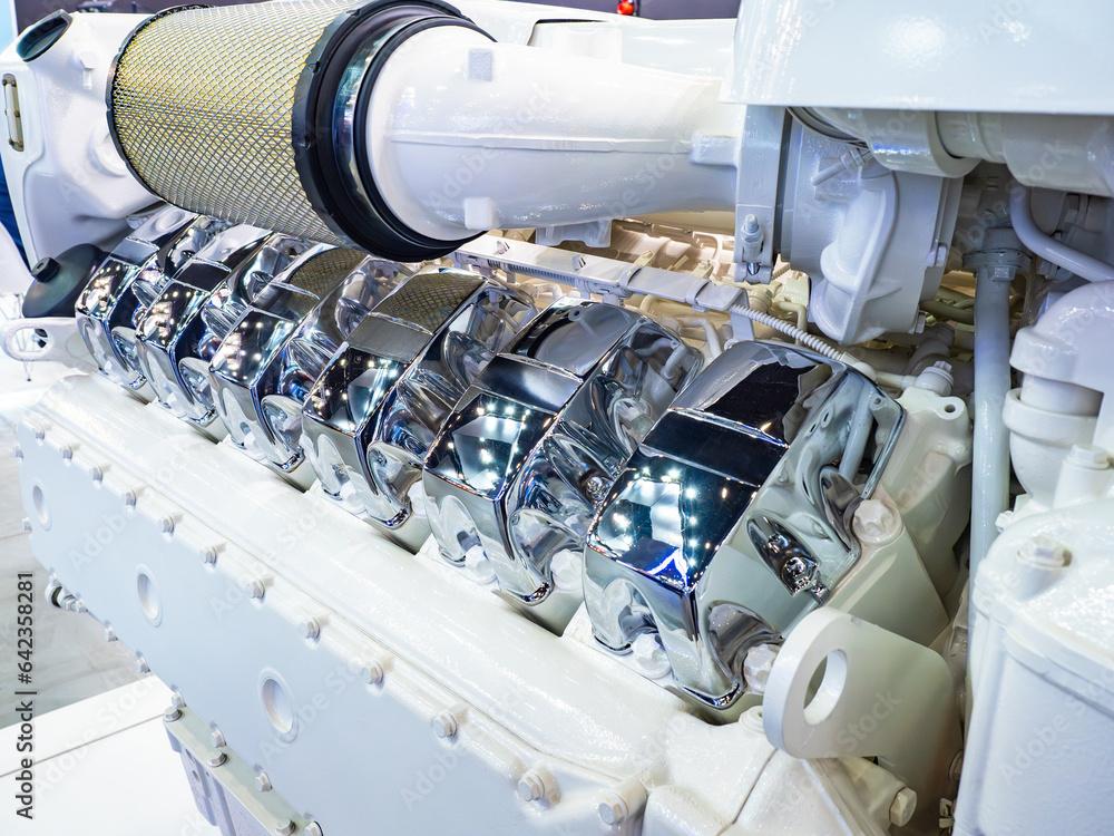 Marine diesel engine. White motor for ship. Internal combustion engine ...