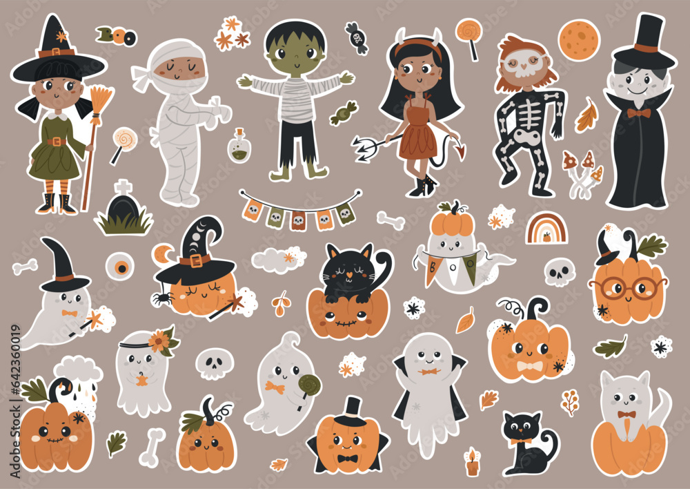 Big set of Halloween labels of cute pumpkins, ghosts, kids in costumes ...