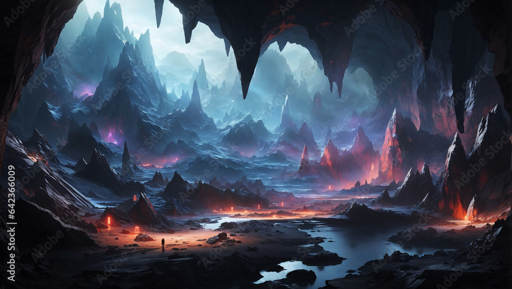 Alien Terrain: Eerie Glowing Caves Amidst Jagged Peaks Stock ...