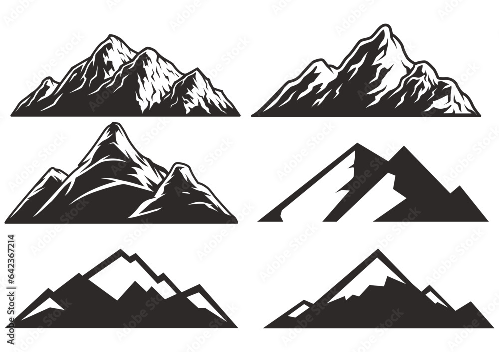 Vector illustration set of simple mountain line icon, silhouette peak ...
