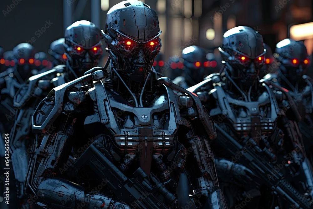 Cybernetic Defenders, 3D rendering of a group of robots in a dark space ...