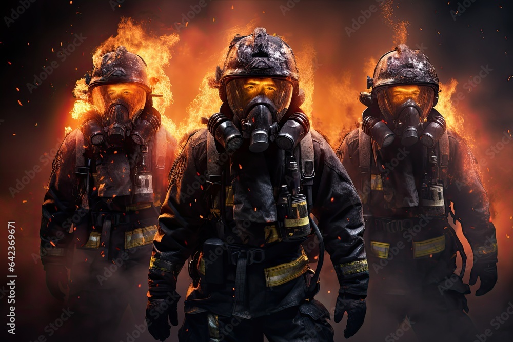 Inferno protectors, Firefighters in uniform and gas mask fighting fire ...