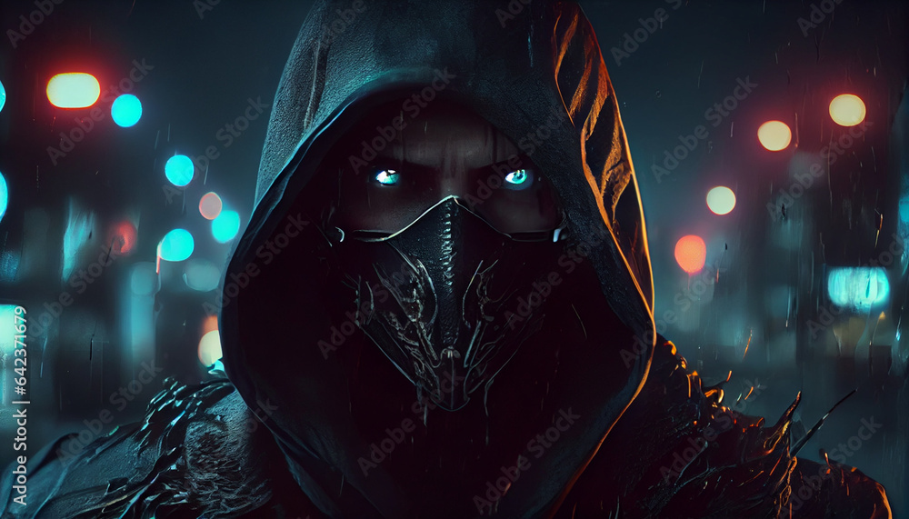 Cyborg head with light eyes in a hood in a nighttime scene and horror ...