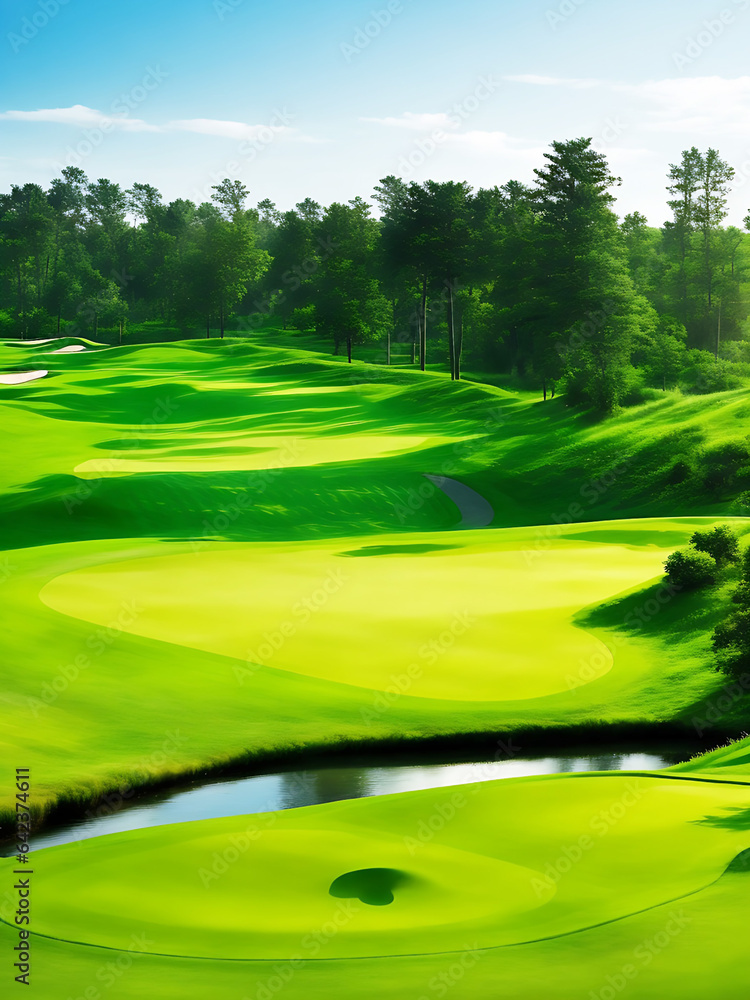 Golf course landscape golf field background with green grass on sunny ...