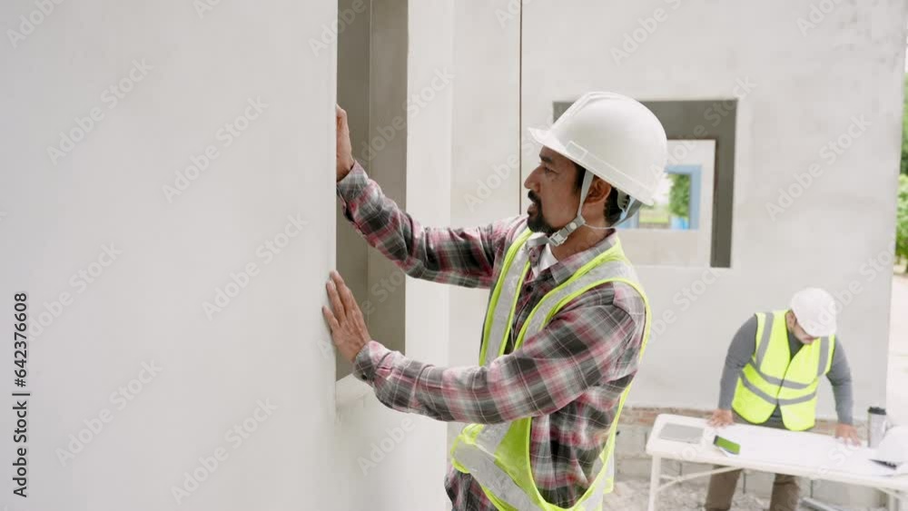 Indian construction architect with a mustache uses a water level meter ...