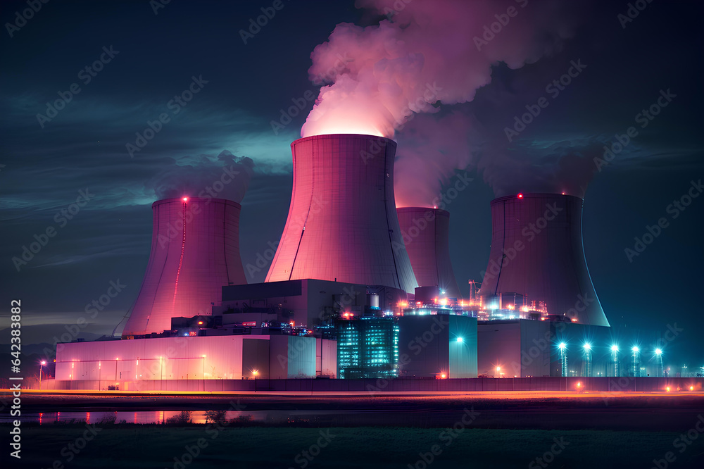 Atomic power plant at night in neon colors. Production of electric and ...