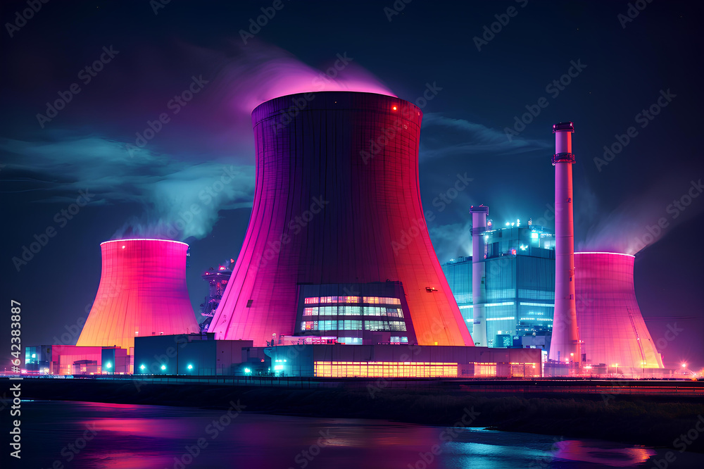 Atomic power plant at night in neon colors. Production of electric and ...