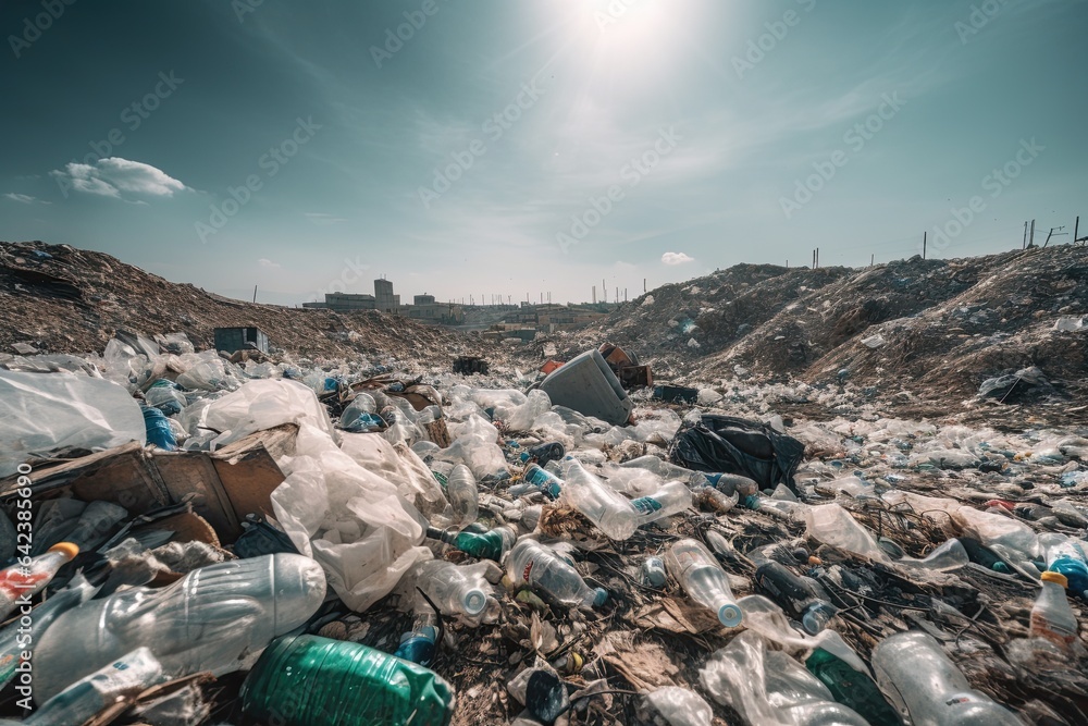 Plastic waste, plastic pollution problem. A landfill overflowing with ...