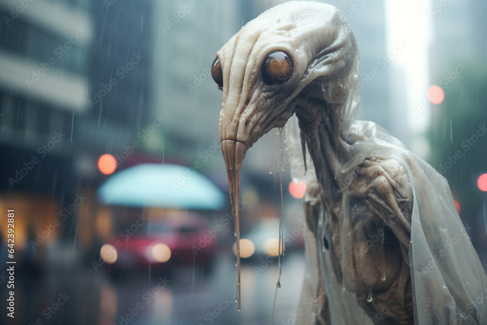 Creepy and skinny sad alien monster stadning on the street of a big ...