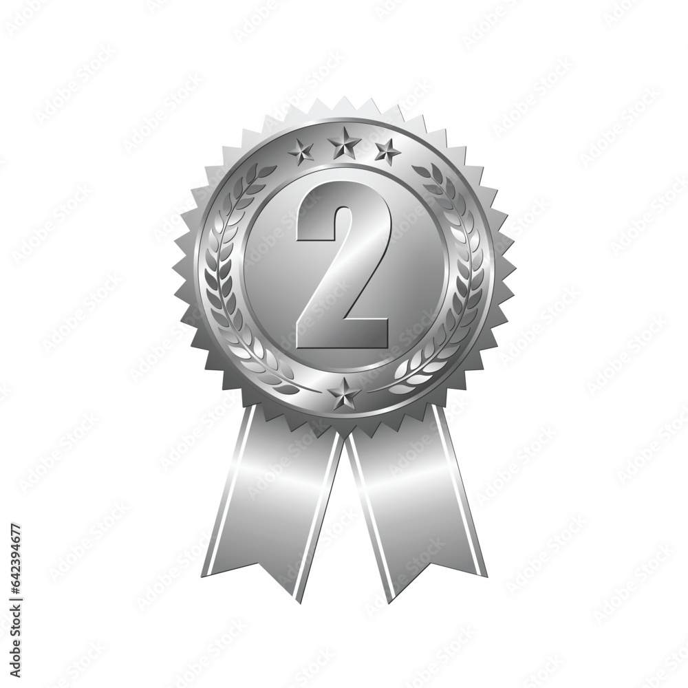 Second prize silver medal on isolated white background. Award badge ...