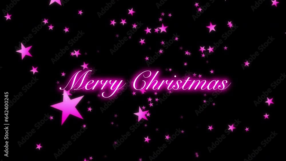 Pink Stars falling from black background while Merry Christmas text ...
