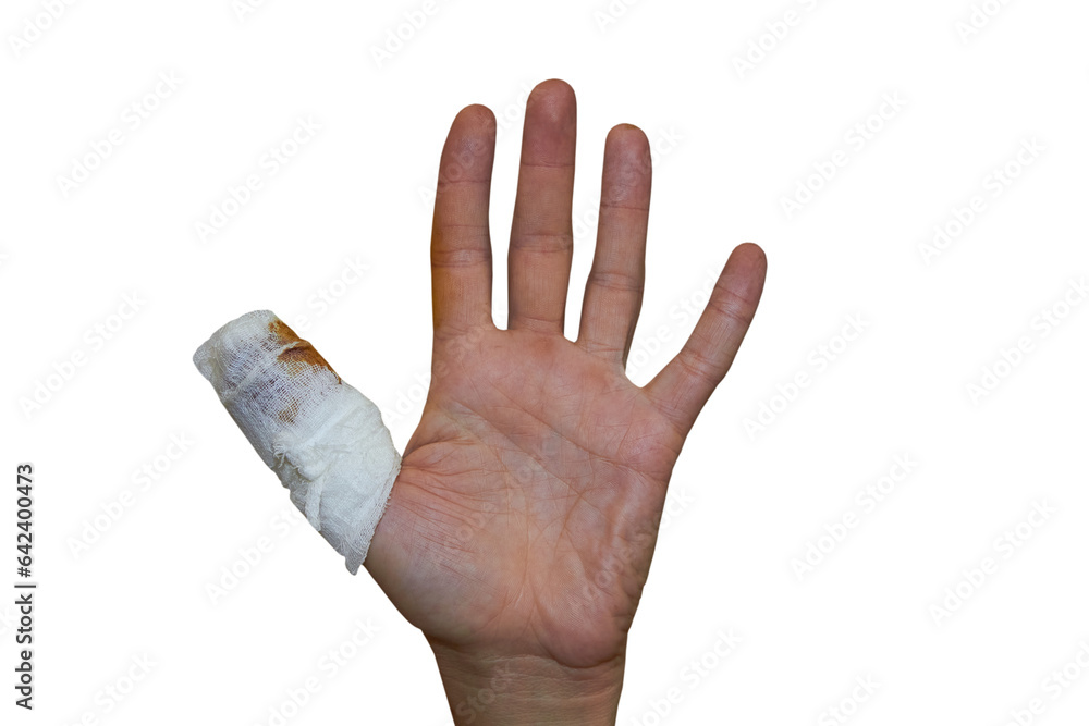 hand with a bandaged finger on a white background,bandage on finger ...