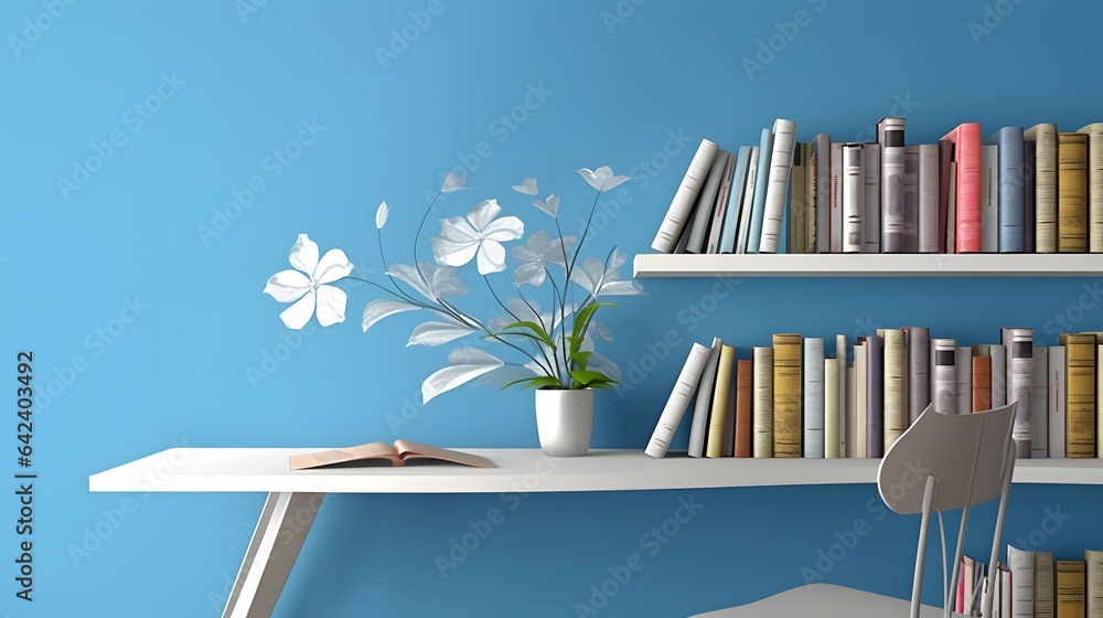Blue virtual background with wooden bookshelf Stock Illustration ...