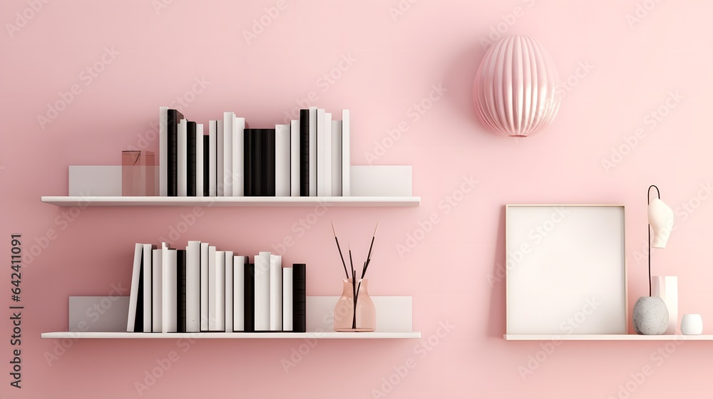 Pink virtual background with wooden bookshelf Stock Illustration ...
