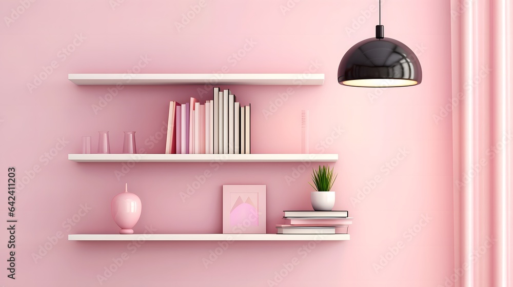 Pink virtual background with wooden bookshelf Stock Illustration ...
