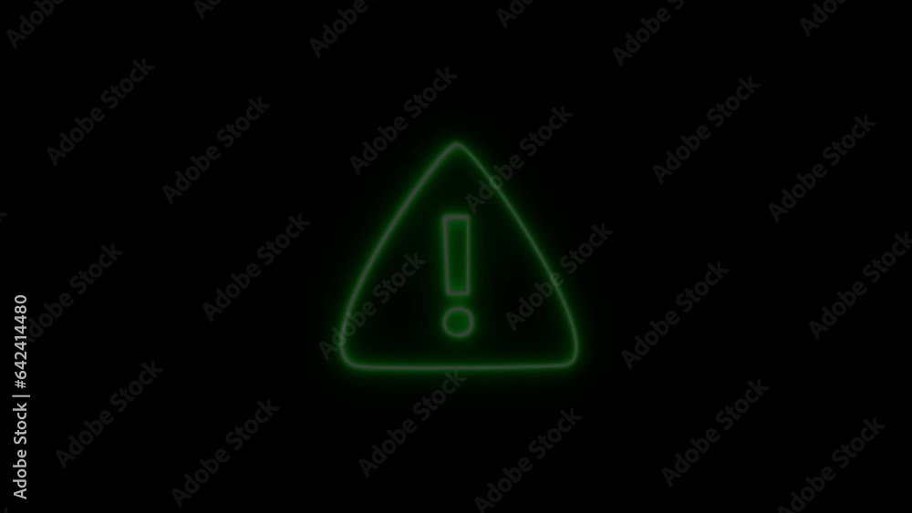 Green neon symbol exclamation triangle warning sign animation. Blinking ...