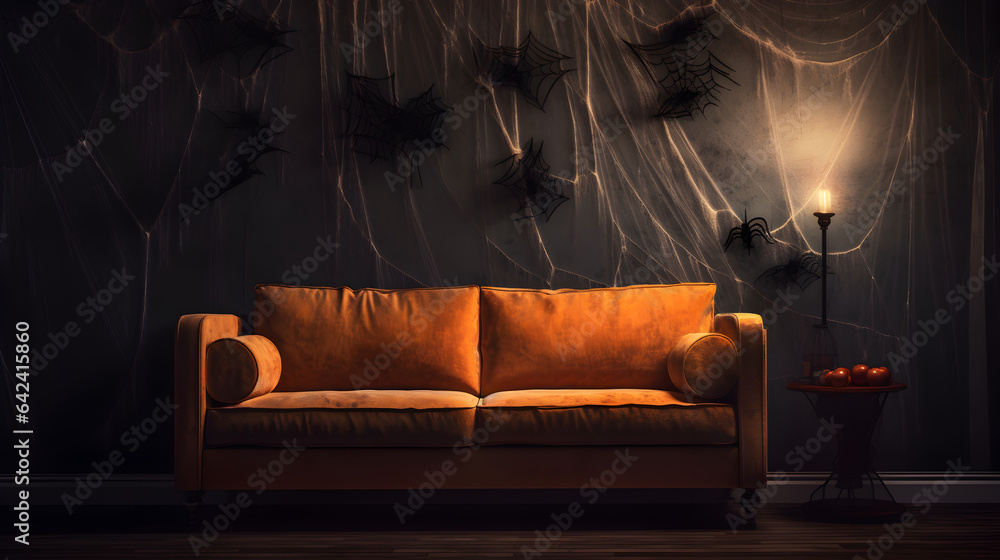 Interior design sofa and spiderwebs. Halloween theme, orange pumpkin ...