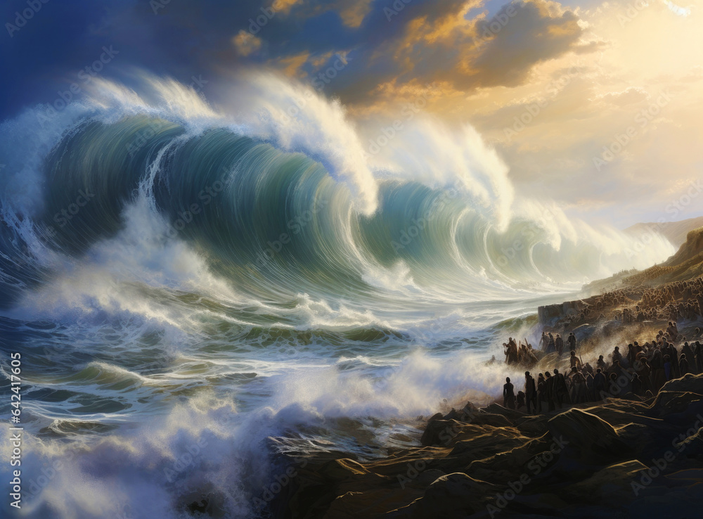 Deluge, great flood. A huge wave hits the shore. Illustration. Biblical ...