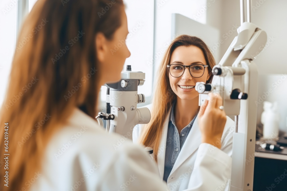 Ophthalmologist with her woman patient during examination of eyes, eye ...